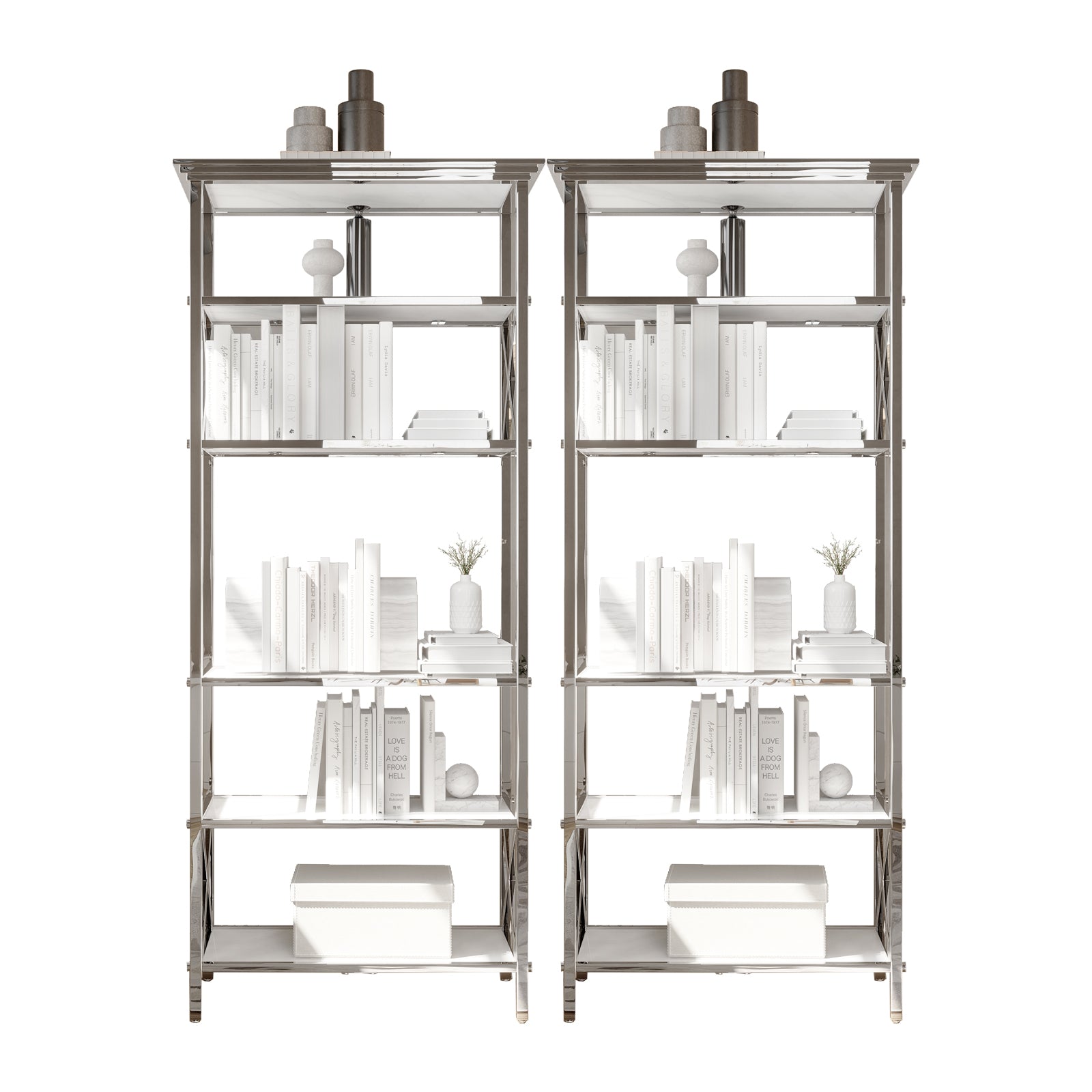 71 ” Silver Bookcase | White Glass Tabletop with Stainless Steel Frame